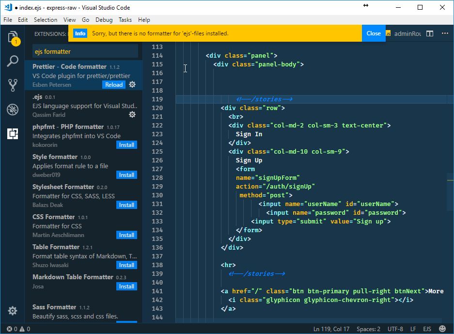 Formatting '.ejs' file in VS Code (Visual Studio Code) Formatting '.ejs' file in VS Code (Visual Studio Code)